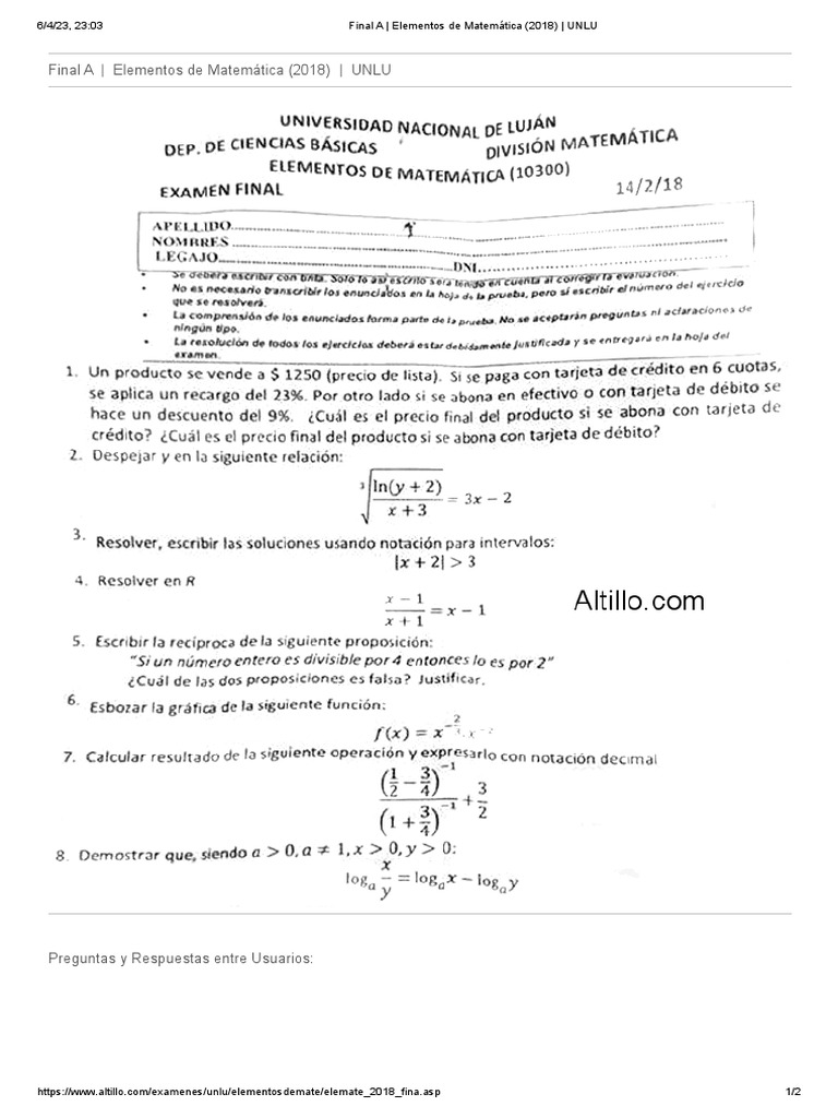 Final A - Elementos de Matemática (2018) - UNLU | PDF