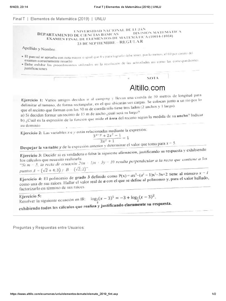 Final T - Elementos de Matemática (2019) - UNLU | PDF