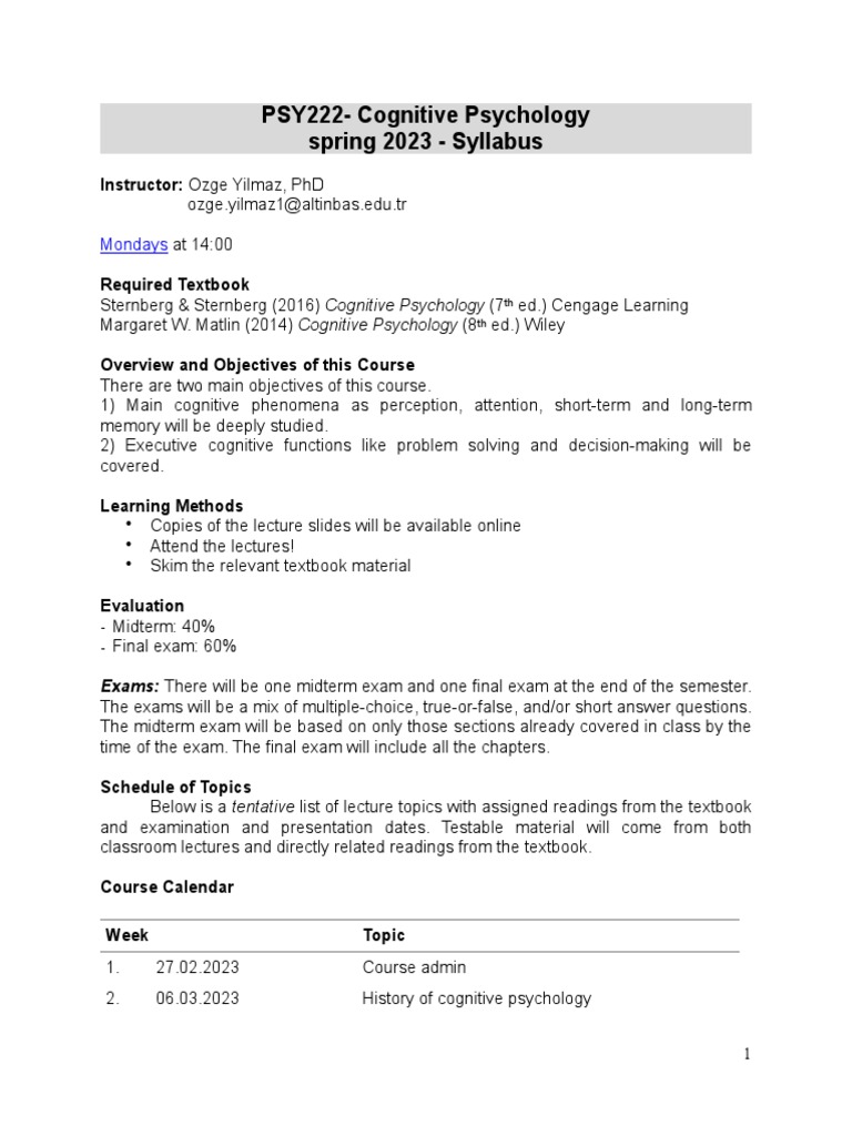 Syllabus Cognitivepsychology | PDF | Cognition | Cognitive Psychology