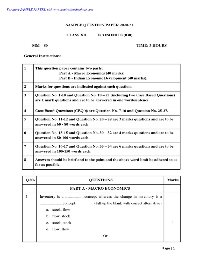 SQP 2021 Class 12 CBSE Economics | Download Free PDF | Balance Of Payments | Reserve Bank Of India