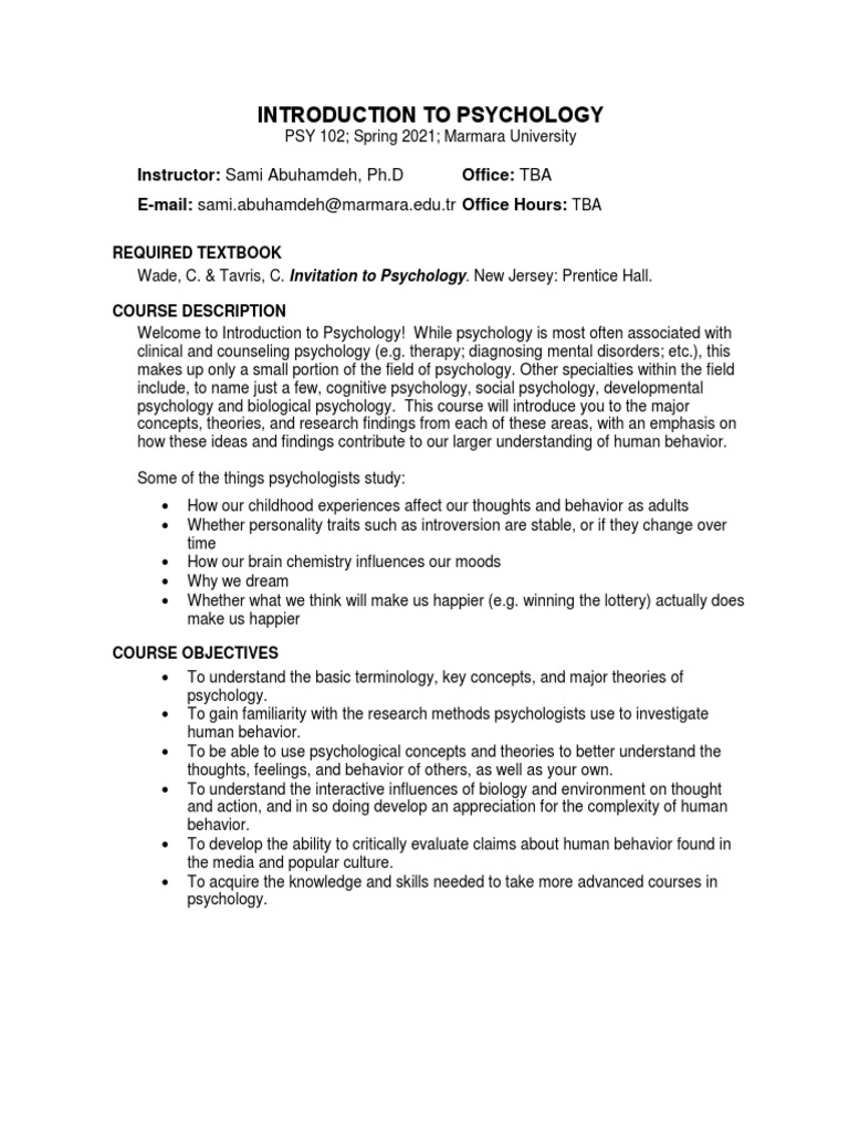 Syllabus - Introduction To Psychology - Spring 2021 | PDF | Psychology ...