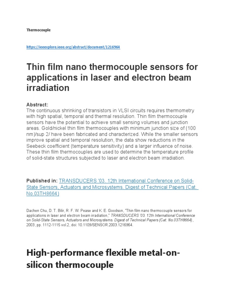 Thin Film Nano Thermocouple Sensors For Applications in Laser and ...