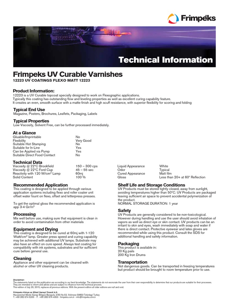 Technical Information: Frimpeks UV Curable Varnishes | PDF | Ultraviolet | Applied And ...