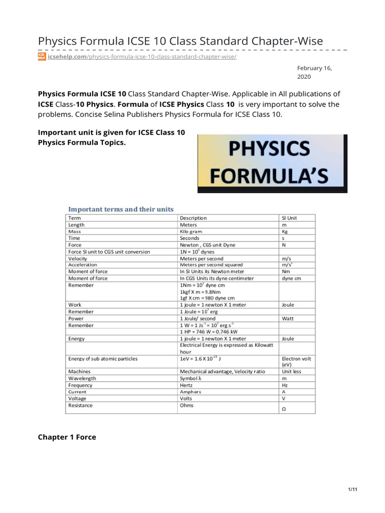 Physics Formula ICSE 10 Class Standard Chapter-Wise | PDF | Optics ...