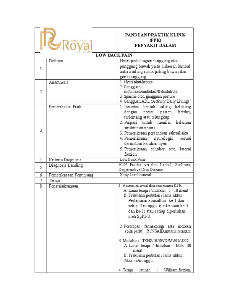 Panduan Praktik Klinis (PPK) Penyakit Dalam Low Back Pain | PDF
