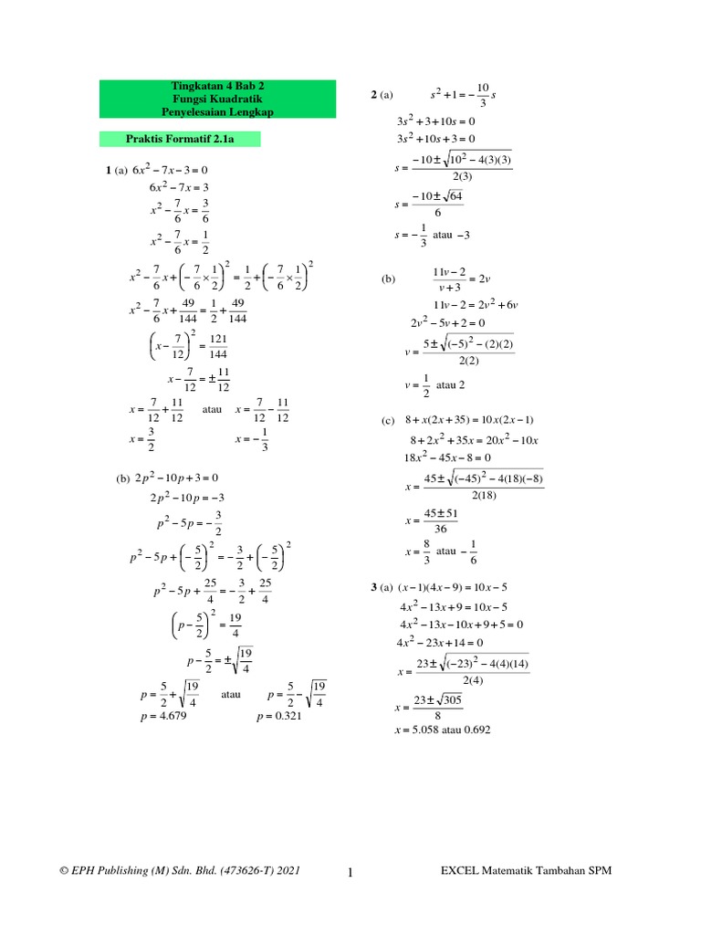 S S S S S: Tingkatan 4 Bab 2 Fungsi Kuadratik Penyelesaian Lengkap Praktis Formatif 2.1a 2 (A) | PDF