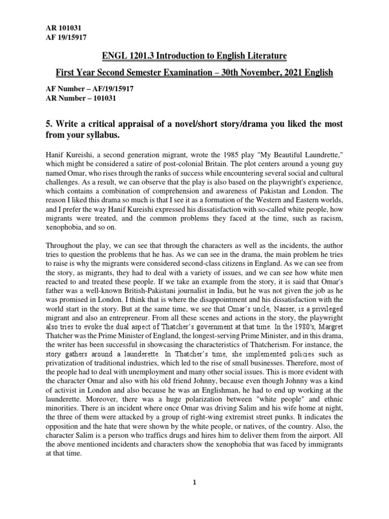 ENGL 1201.3 Introduction To English Literature First Year Second ...