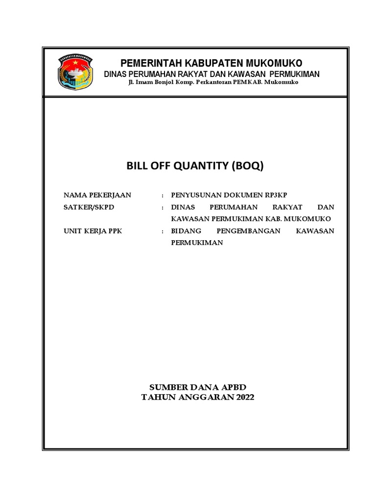 BOQ Penyusunan Dokumen RP3KP Mukomuko | PDF