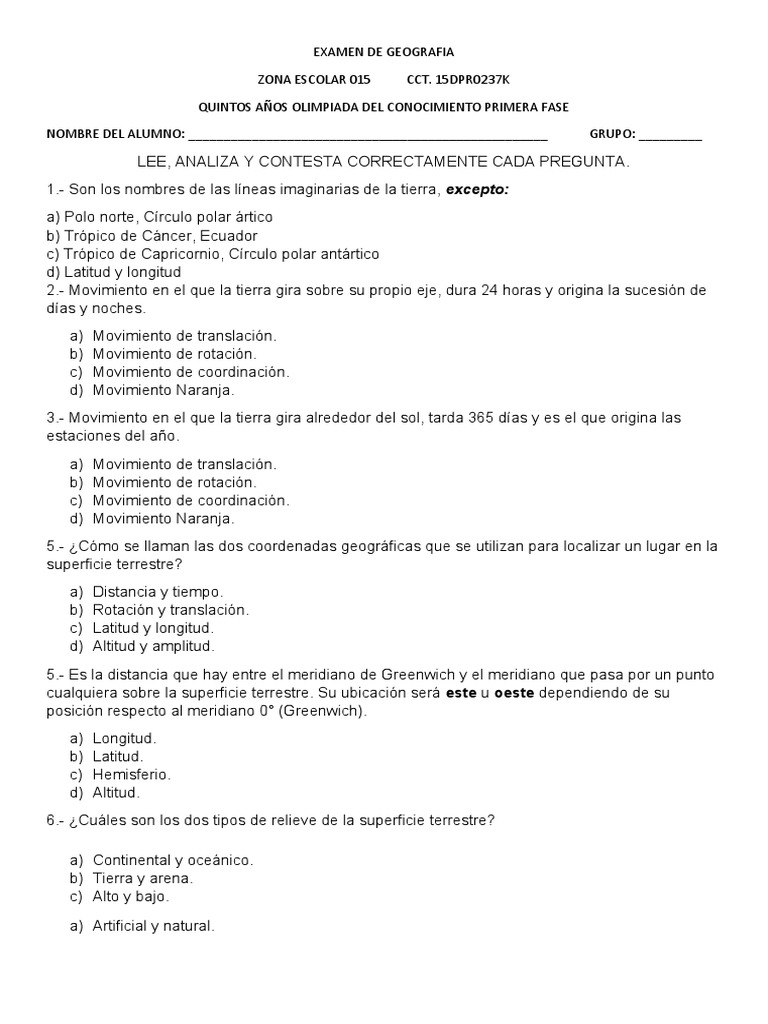 Examen de Geografia Olimpiada | PDF | Placas tectónicas | Tierra