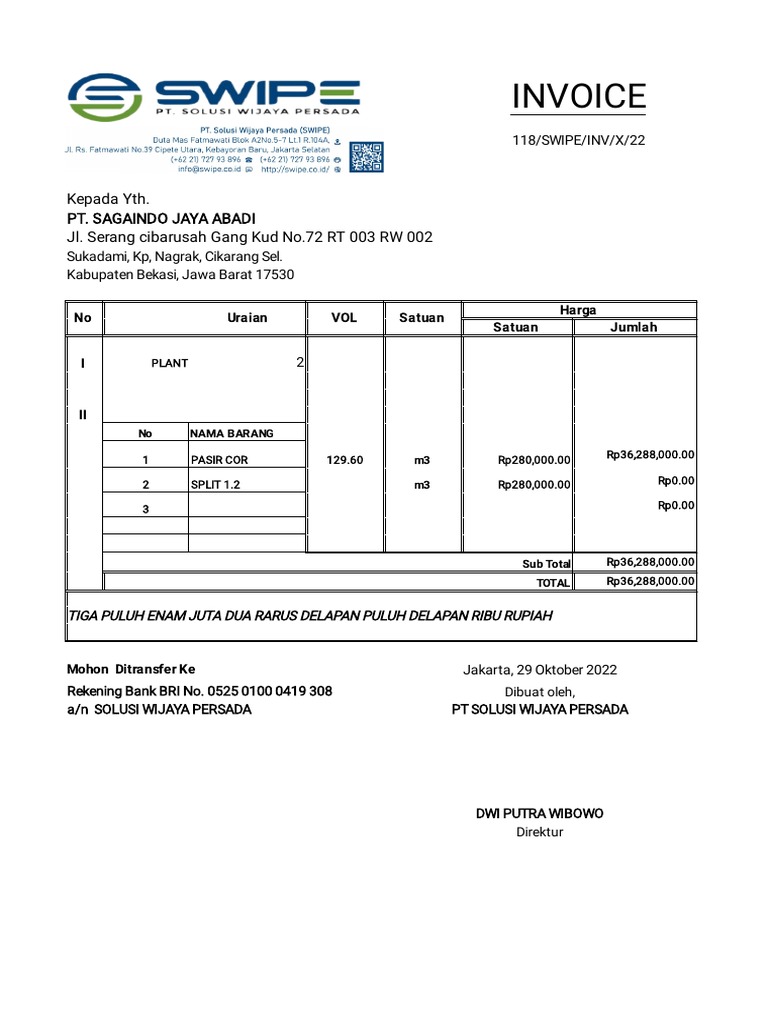 Invoice: Kepada Yth. Pt. Sagaindo Jaya Abadi Jl. Serang Cibarusah Gang Kud No.72 RT 003 RW 002 | PDF