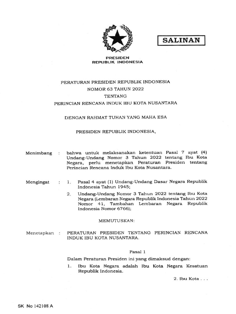 Perpres No. 63 Tahun 2022 - Perincian Rencana Induk IKN | PDF