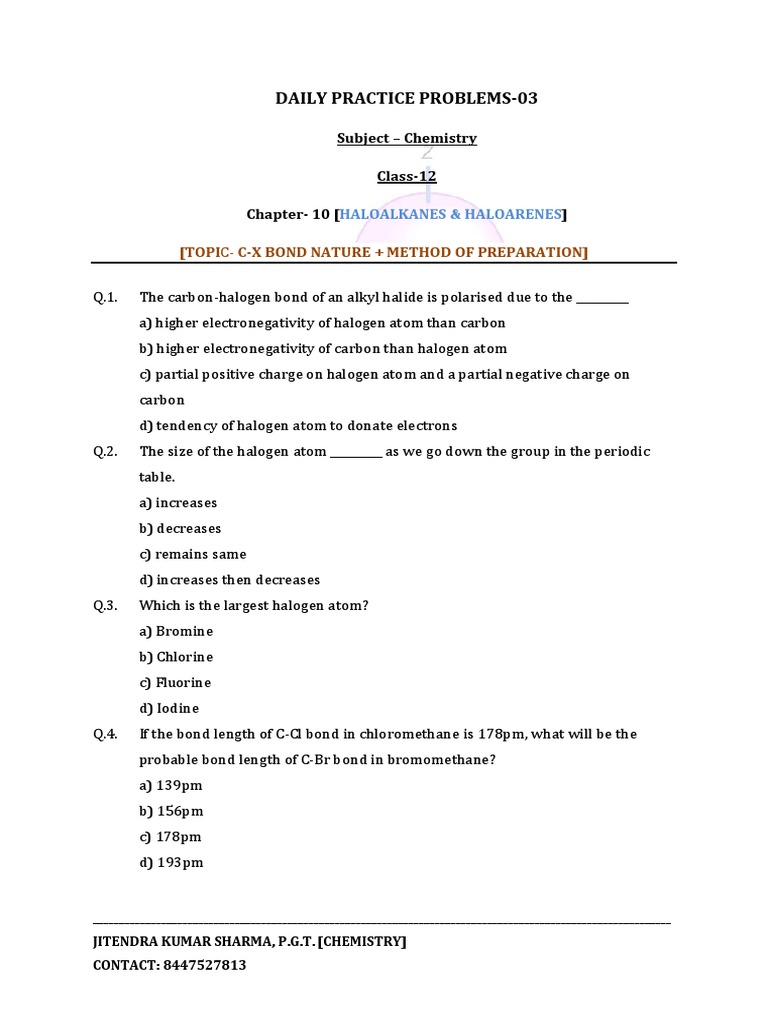 Daily Practice Problems-03: (Topic-C-X Bond Nature + Method of Preparation) | PDF | Chlorine ...