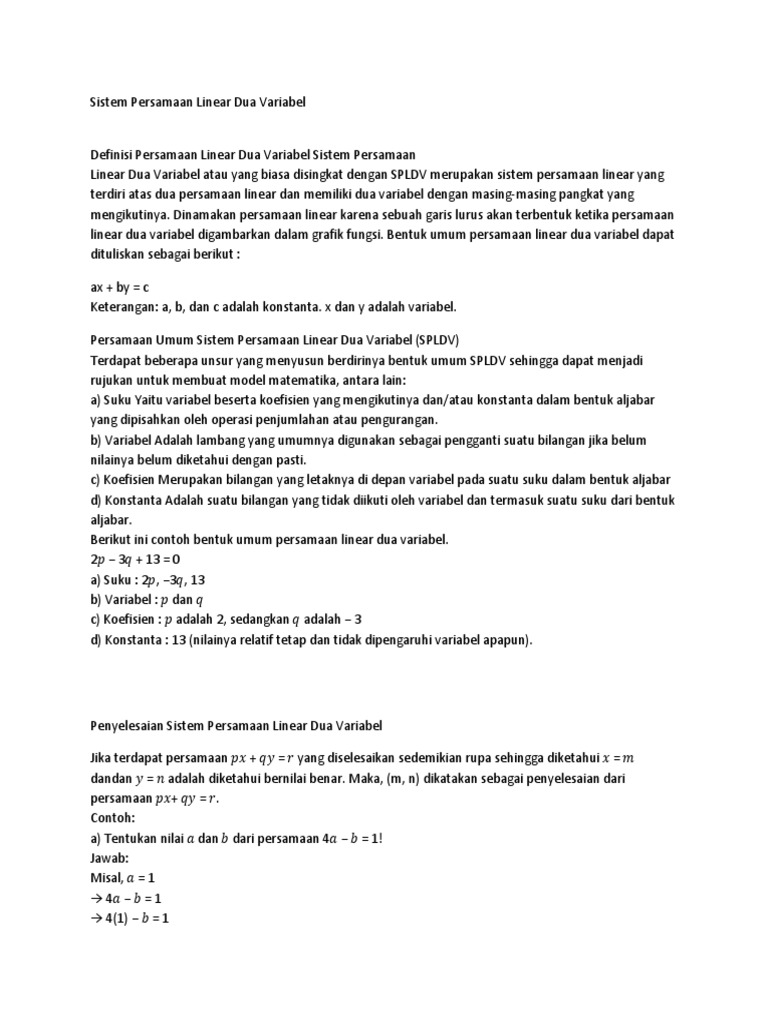 MENGENAL SISTEM PERSAMAAAN LINEAR DUA VARIABEL | PDF