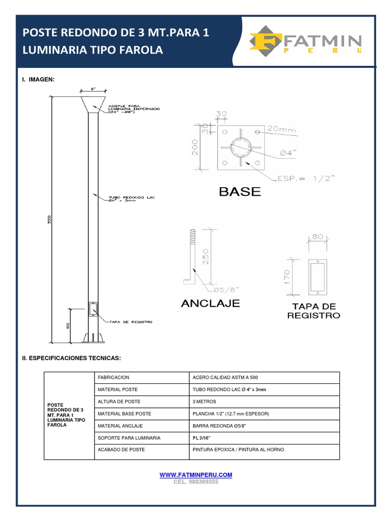 Ficha Tecnica Poste de 3mt. Luminaria Tipo Farola | PDF