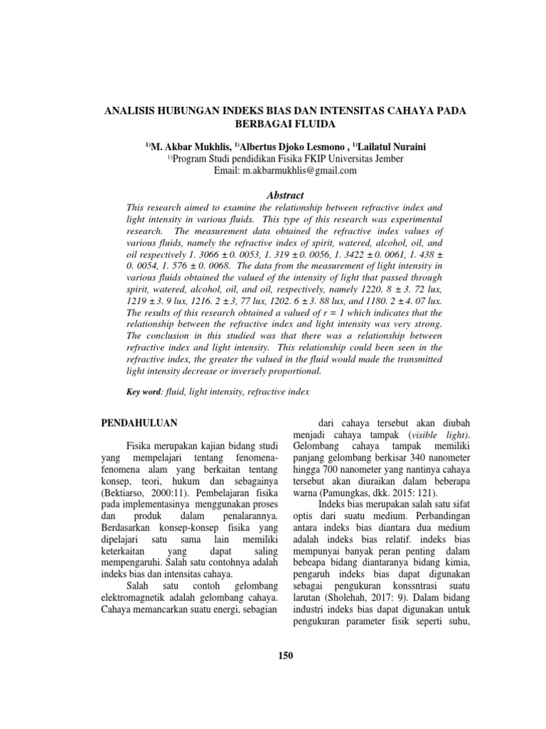 Analisis Hubungan Indeks Bias Dan Intensitas Cahaya Pada Berbagai ...