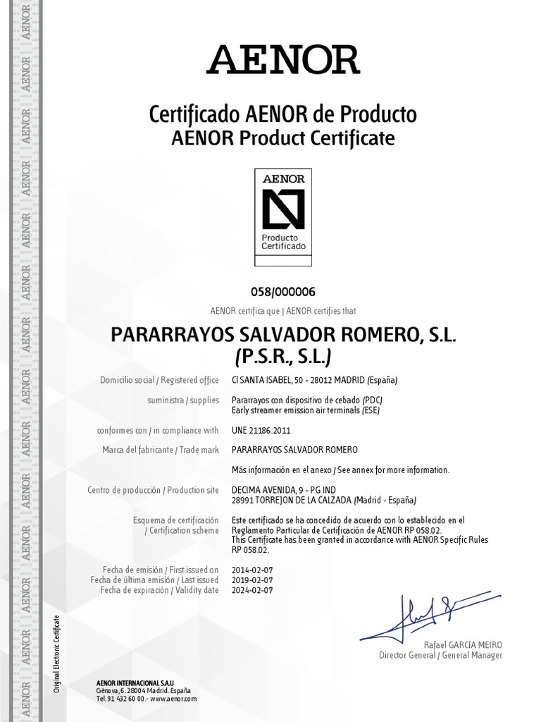 Certificado AENOR Pararrayos ESE | PDF | Organización internacional para la estandarización