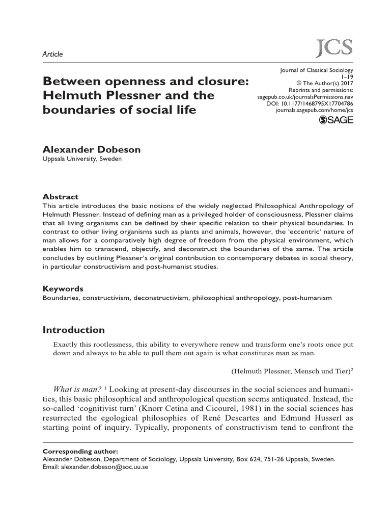 Between Openness and Closure: Helmuth Plessner and The Boundaries of ...