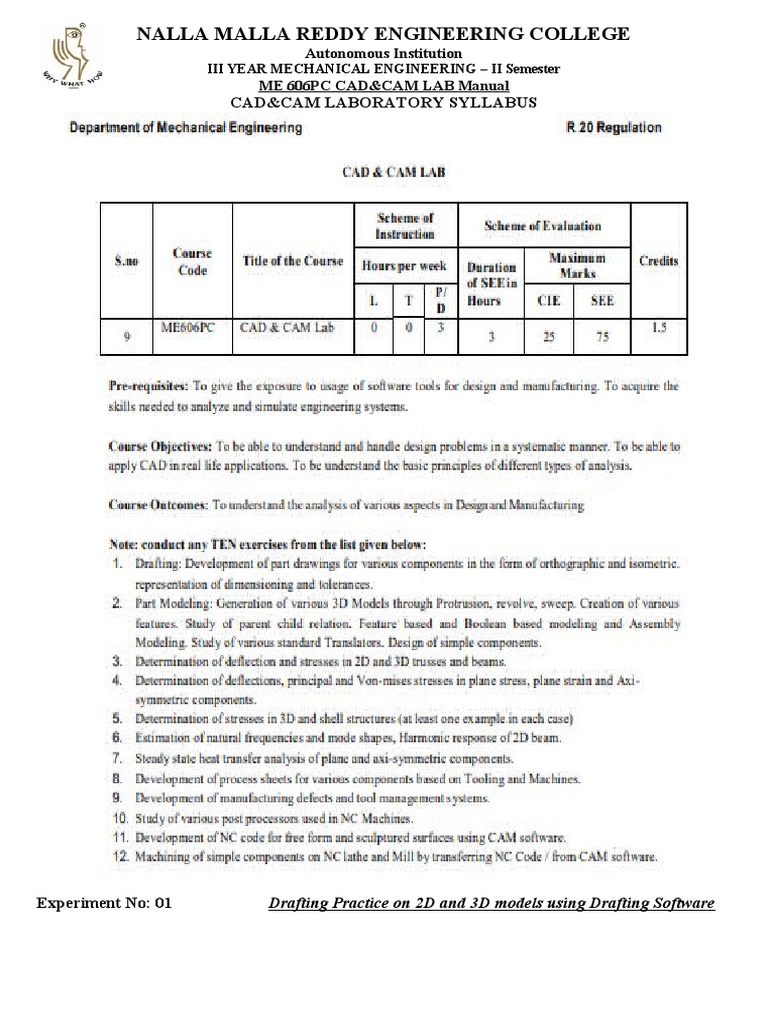 Nalla Malla Reddy Engineering College: Cad&Cam Laboratory Syllabus ...