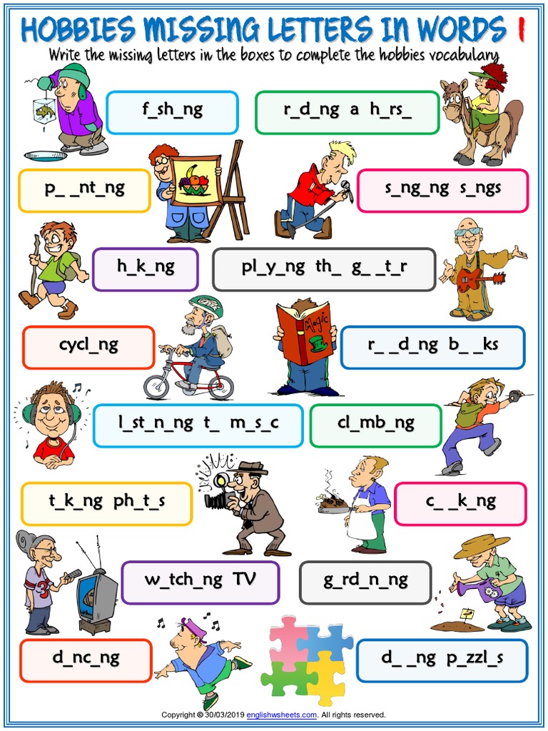 Hobbies Vocabulary Esl Missing Letters in Words Worksheets For Kids ...