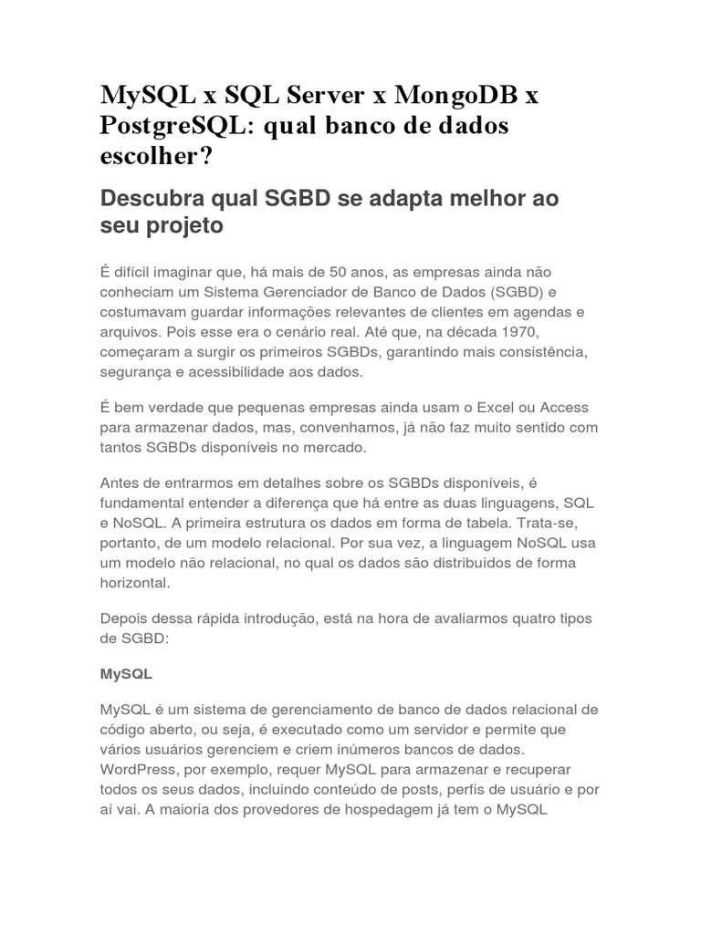 Mysql X Sql Server X Mongodb X Postgresql Pdf Bancos De Dados No Sql