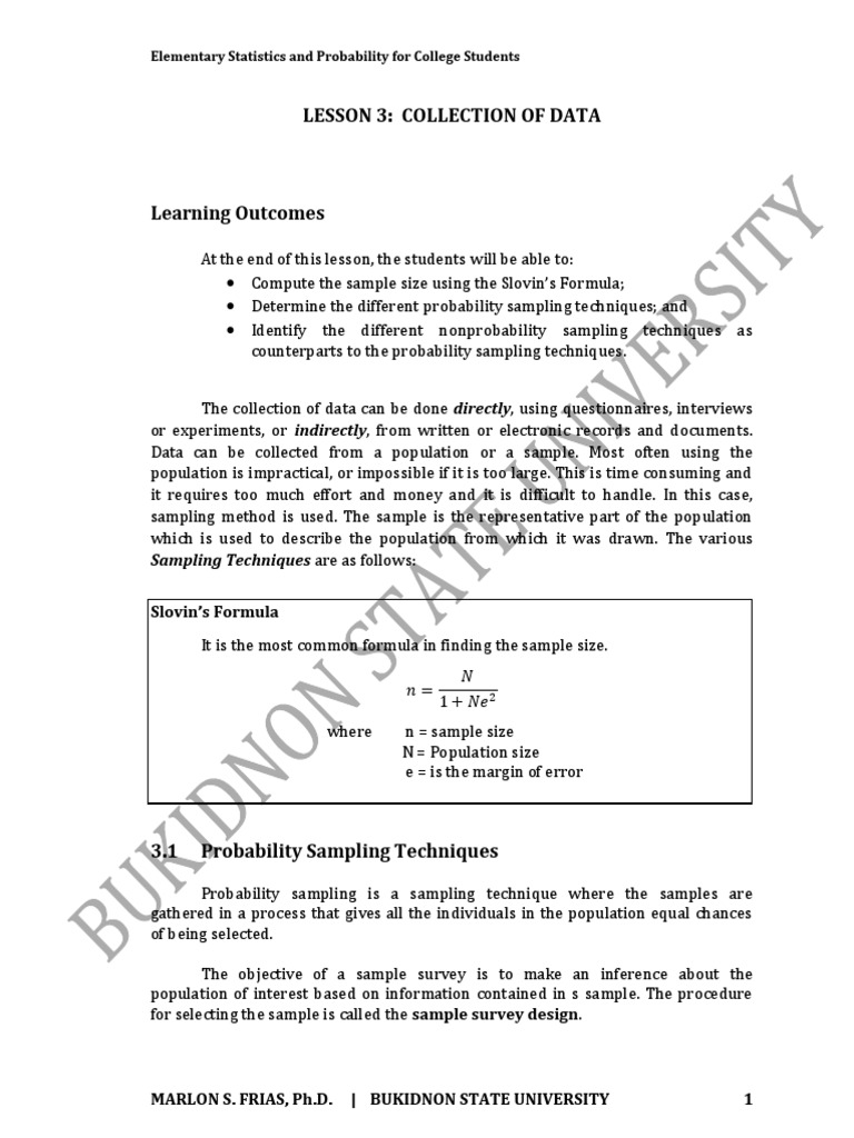 LESSON 3 Elem Stat and Prob | PDF | Sampling (Statistics) | Stratified ...