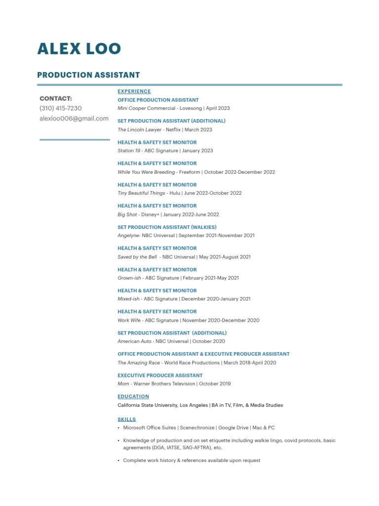 Alex Loo: Production Assistant | PDF