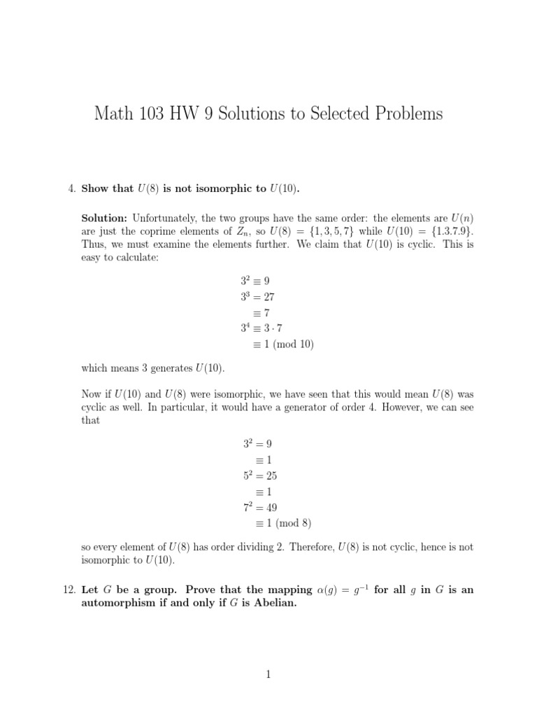 Math 103 HW 9 Solutions To Selected Problems | PDF | Group (Mathematics ...