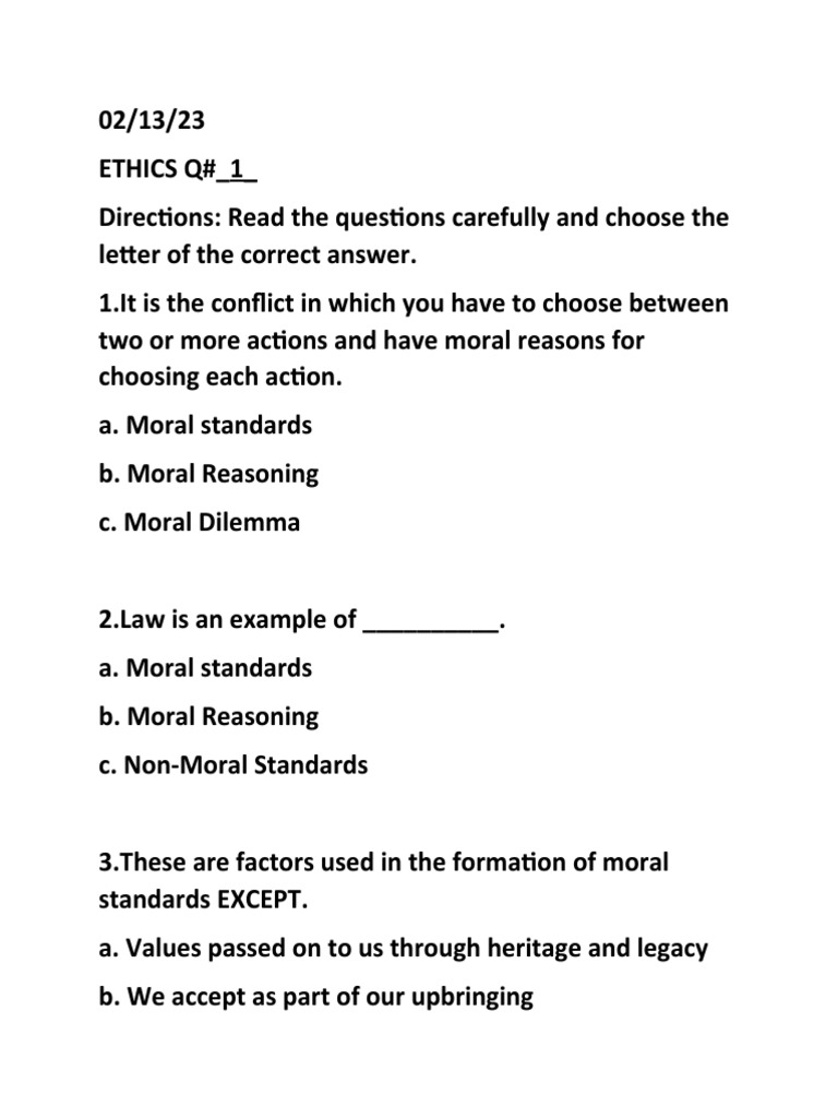 Ethics Quiz #1 | PDF | Morality | Reason