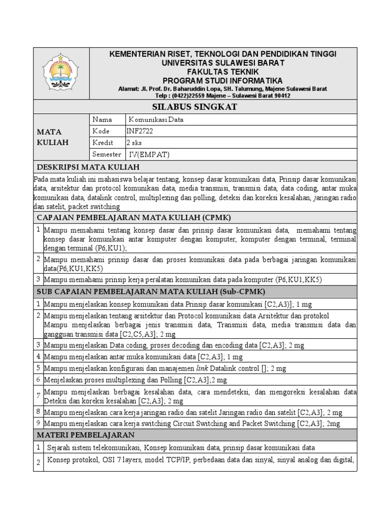Silabus Singkat Komunikasi Data | PDF