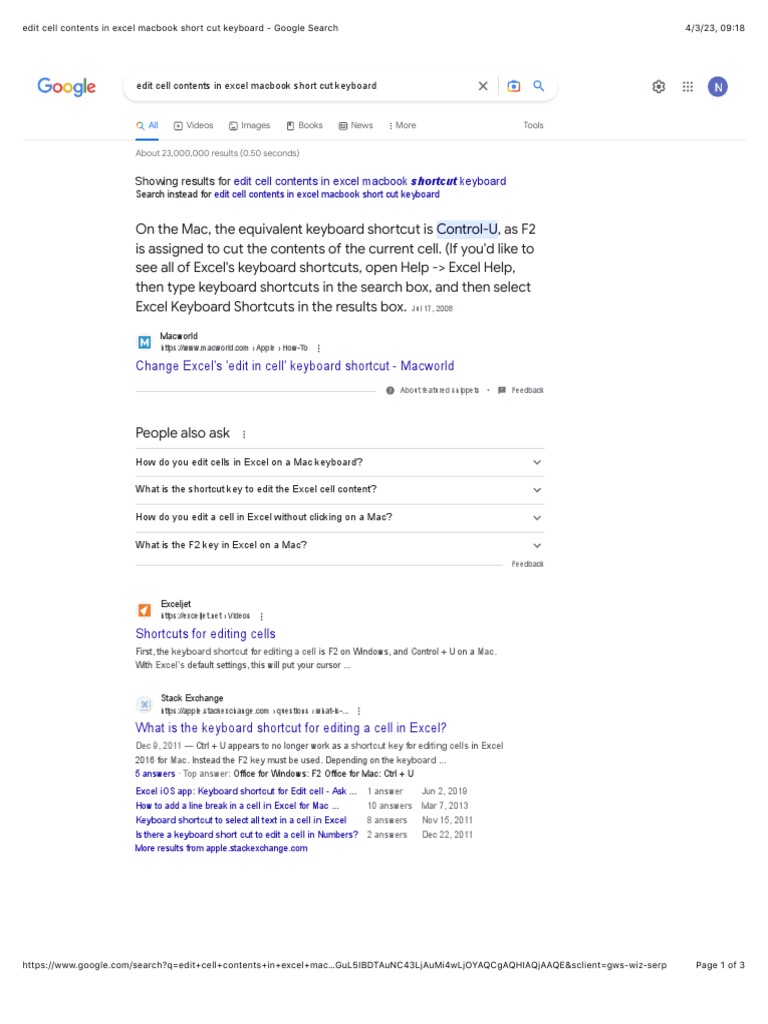 Edit Cell Contents in Excel Macbook Short Cut Keyboard - Google Search | PDF | Microsoft Excel ...