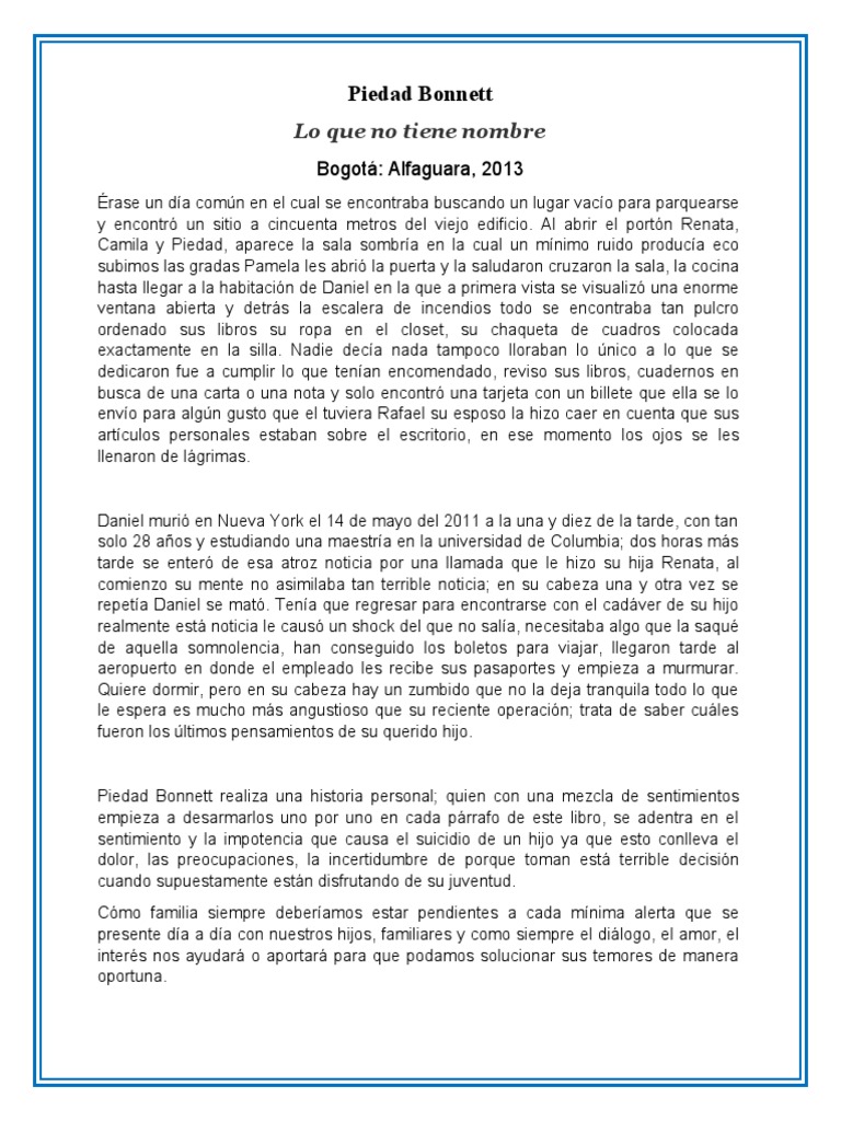 Piedad Bonnett: Lo Que No Tiene Nombre | PDF