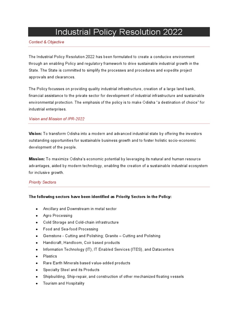 Industrial Policy Resolution 2022 | PDF | Infrastructure | Sustainability