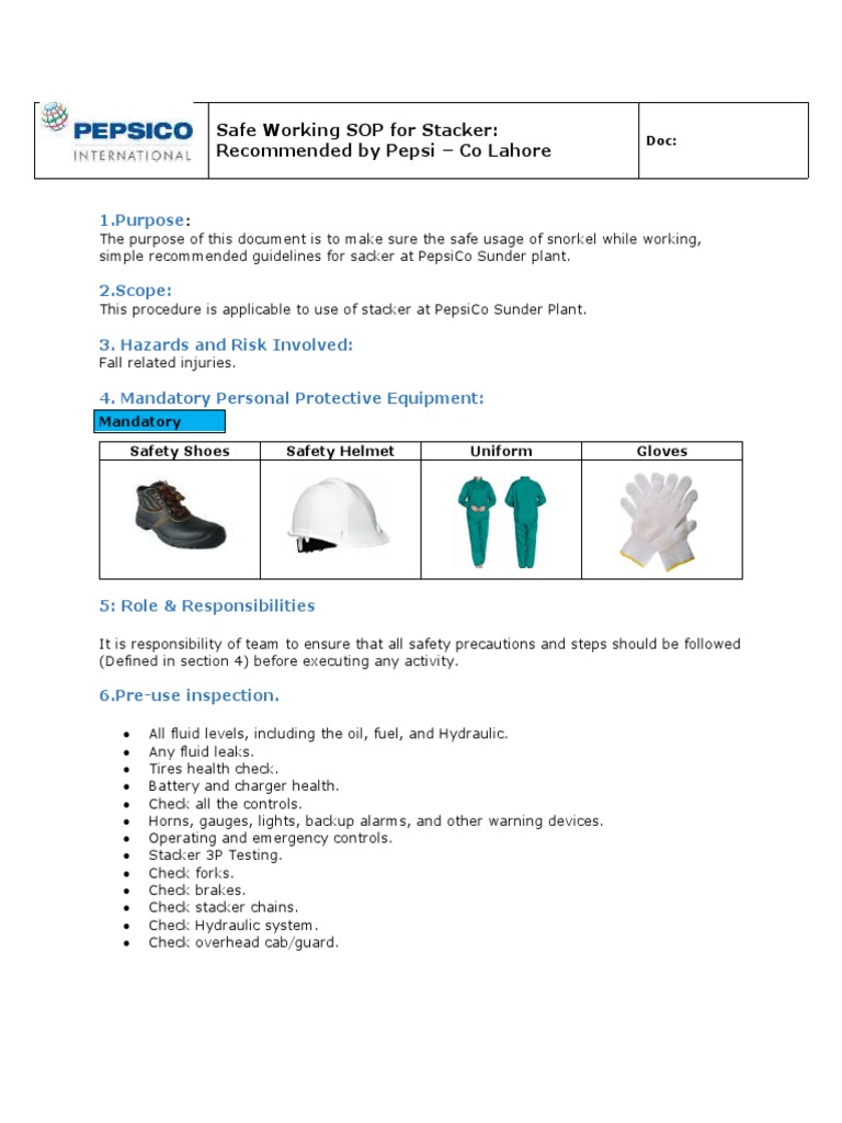 Safe Stacker Use SOP at PepsiCo | PDF