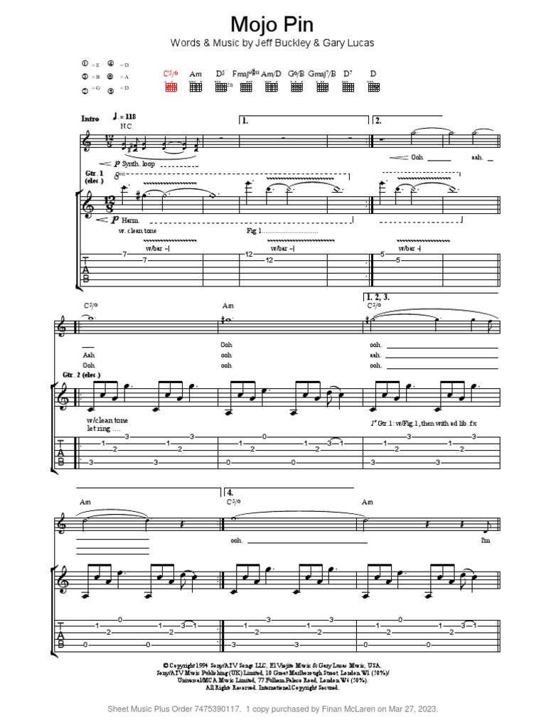 Mojo Pin: Words & Music by Jeff Buckley & Gary Lucas | PDF