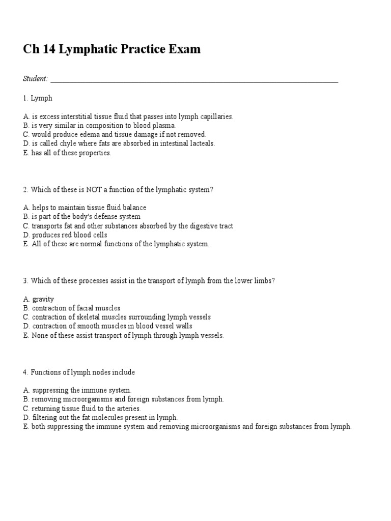 CH 14 Lymphatic Practice Ex | PDF | Lymph | Inflammation
