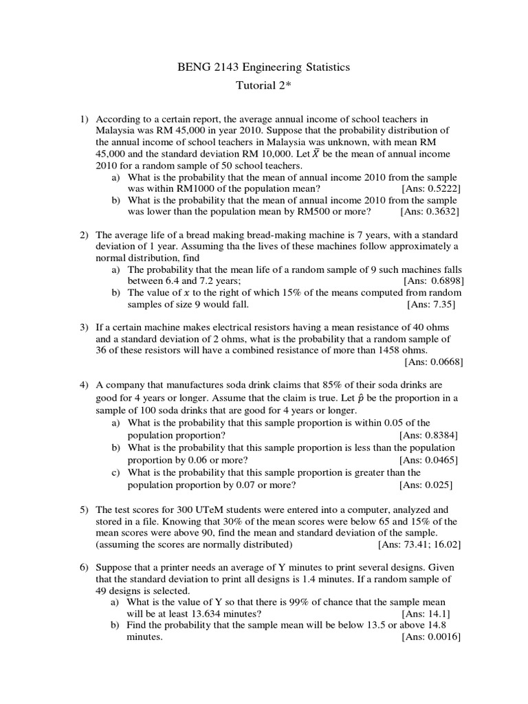 BENG 2143 Engineering Statistics Tutorial 2 | PDF | Standard Deviation | Mean