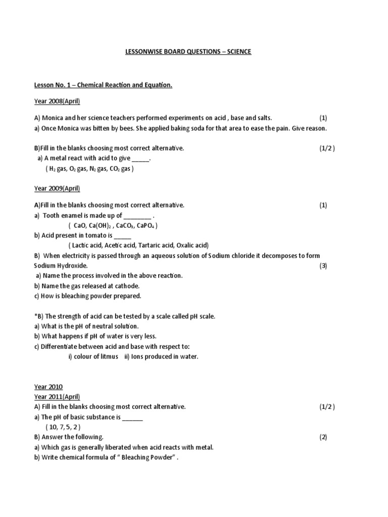 Science Board Questions: Chemical Reactions | PDF | Sodium Carbonate | Acid
