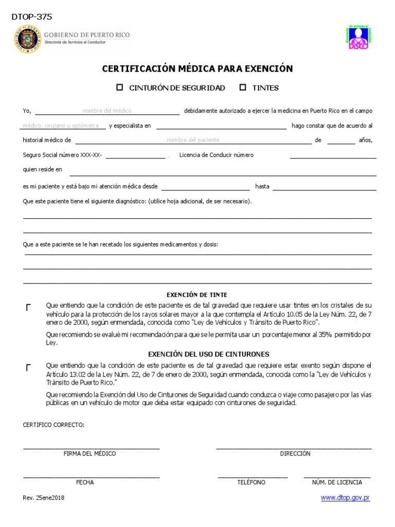 Rotulo DTOP-375 CERTIFICACION MEDICA PARA EXENCION DE TINTES Y CINT Rev ...
