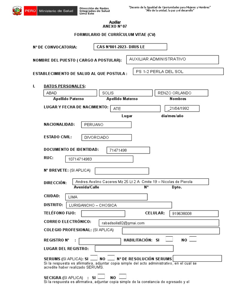 Anexo 07 Formulario de Curriculum Vitae Proceso de Convocatoria Cas 01 ... Anexo 07 Formulario de Curriculum Vitae Proceso de Convocatoria Cas 01 ...