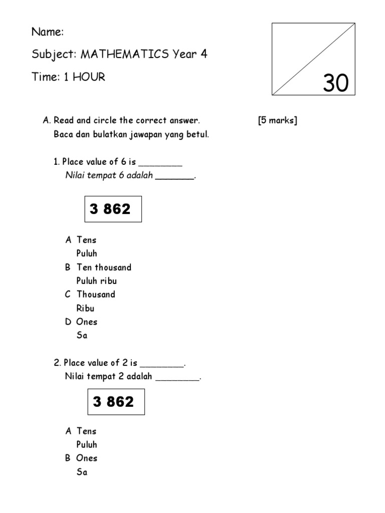 Year 4 Maths Practice Test | PDF | Percentage | Naming Conventions