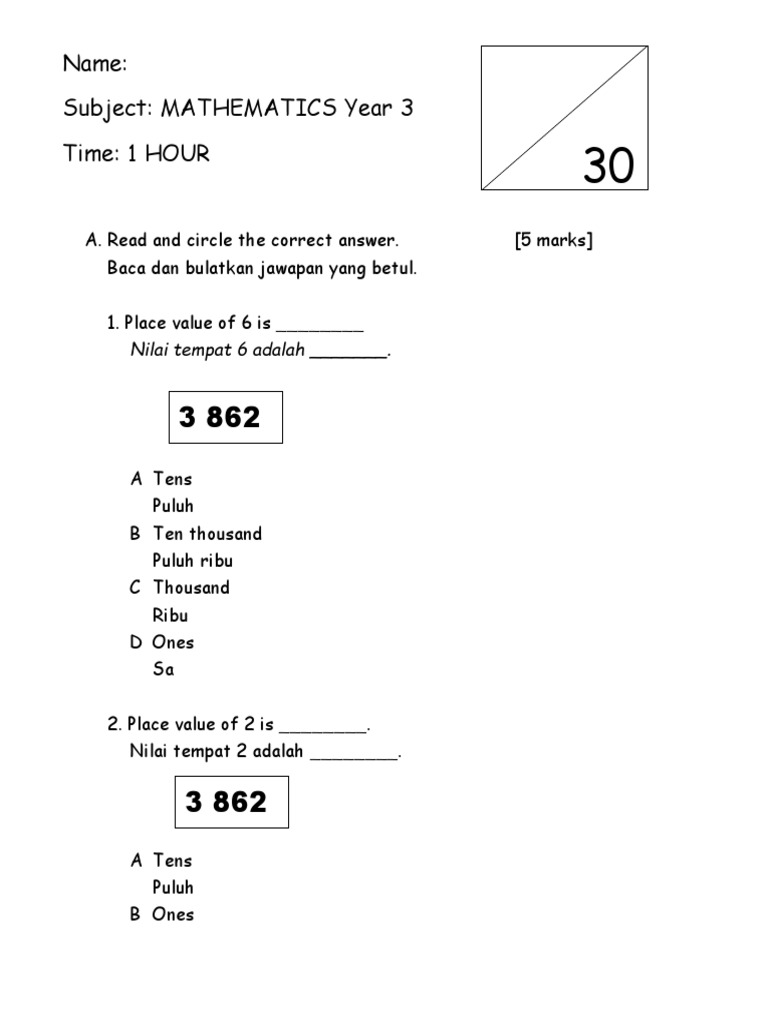 Mathematics Exam Paper Year 3 2021 | PDF