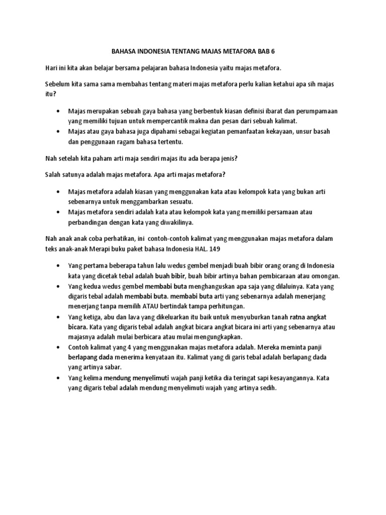 Bahasa Indonesia Tentang Majas Metafora Bab 6 | PDF | Seni & Disiplin ...