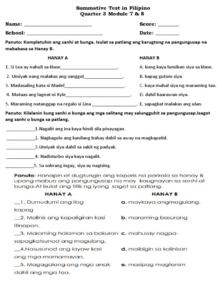 Summative Test in Filipino, ESP, AP | PDF