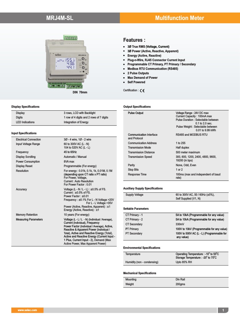Multifunction Meter Mrj4M-Sl: Features | PDF | Bit Rate | Electric Power Transmission