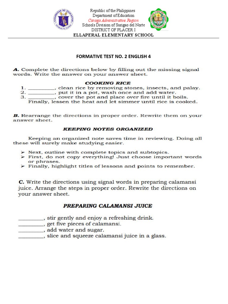 Formative Test No. 2 English 4: Ellaperal Elementary School | PDF