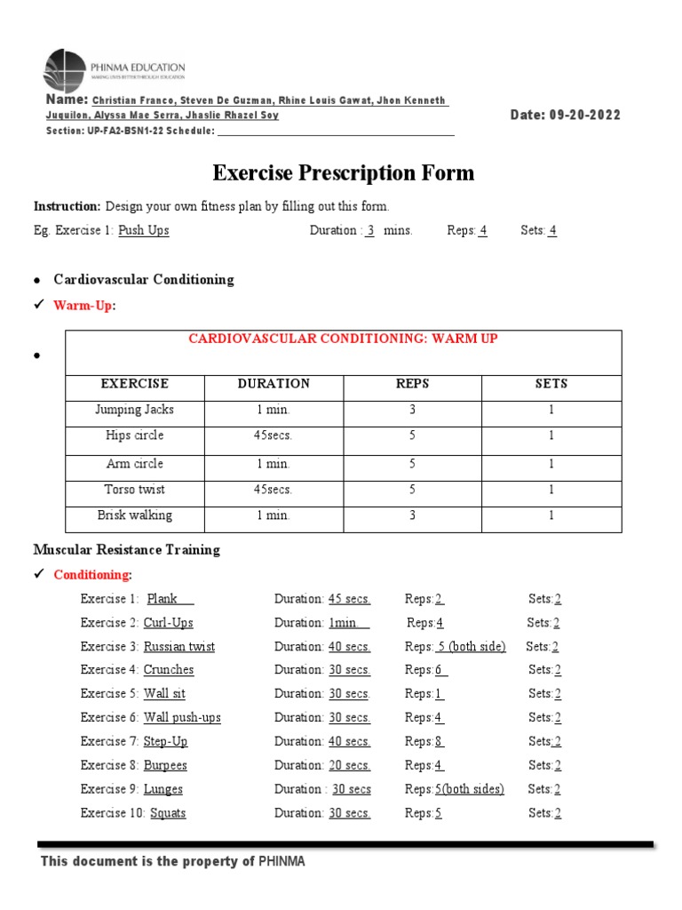 Sample Exercise Prescription Form | PDF | Strength Training ...