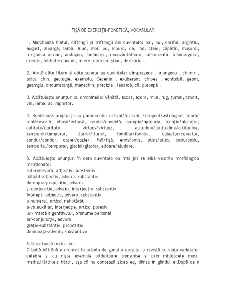 Fisa de Exercitii Fonetica Vocabular | PDF
