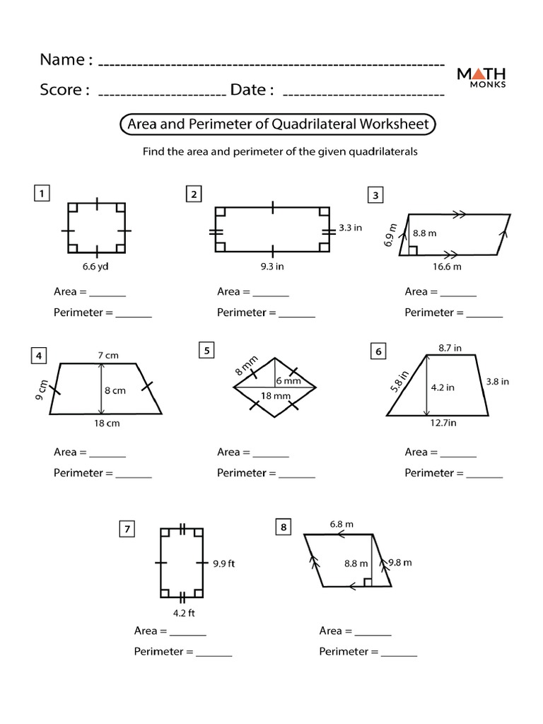Area and Perimeter of Quadrilaterals Worksheet | PDF