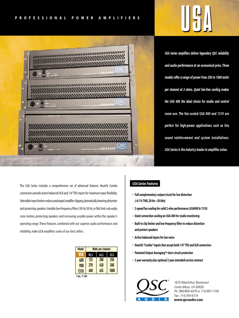 Q Amp Usa Series Specs | PDF | Amplifier | Loudspeaker