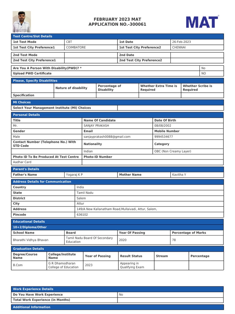 MAT Application for Sanjay Prakash Seeking Admission to Management ...